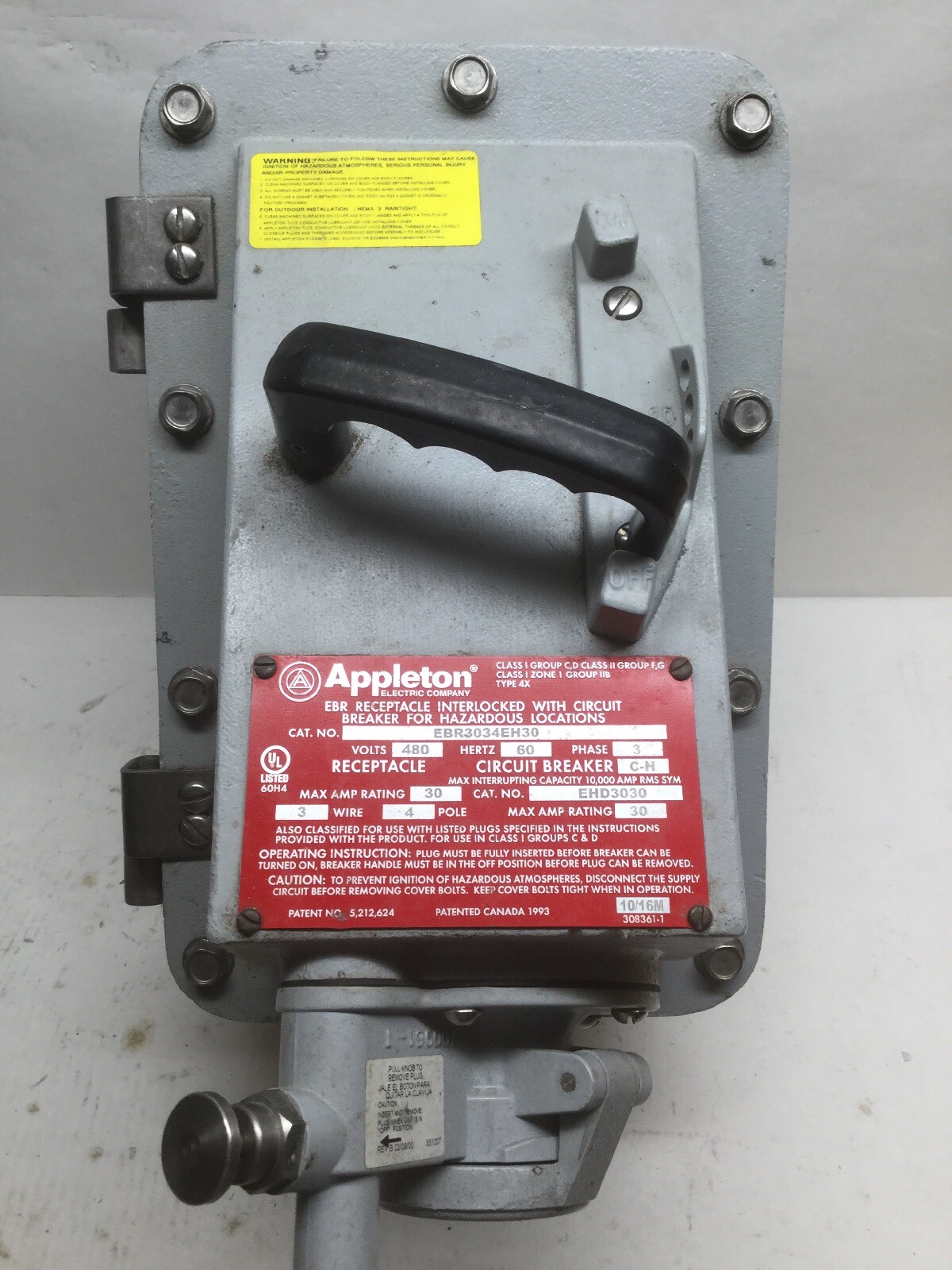 Appleton EBR3034EH30 EBR Receptacle W/Circuit Breaker 3 Phase 30 AMP ...