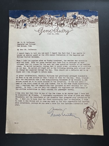 Antique Vintage Letter From GENE AUTRY Signed Autograph June 11, 1941 ...