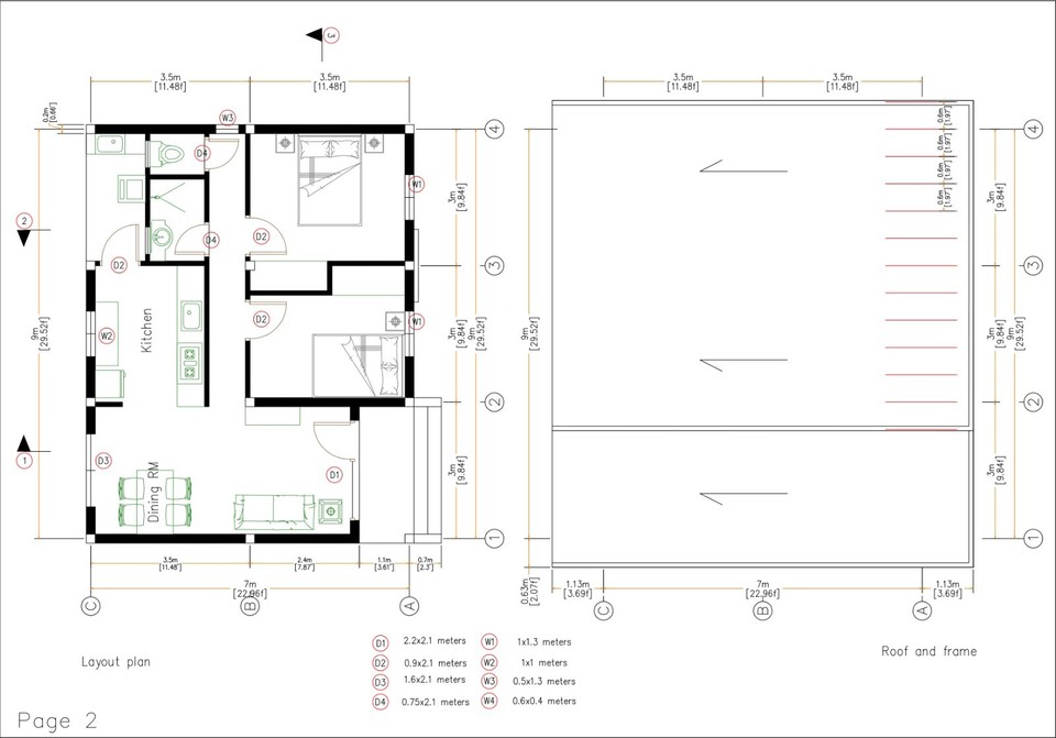 Small House Plan 30x23 Feet 9x7 Meter 2 Beds 1 Bath Shed PDF Plan (A4 ...