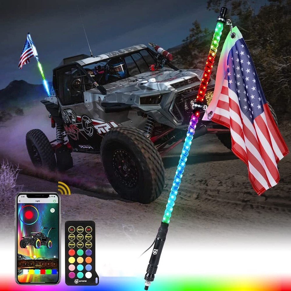2x 3FT RGB Spiral Whip Lights Chase UTV ATV Antenna +Flags For Kawasaki ...