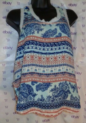 B jewel womens small tank blouse friz seam light fabric blue brown ...