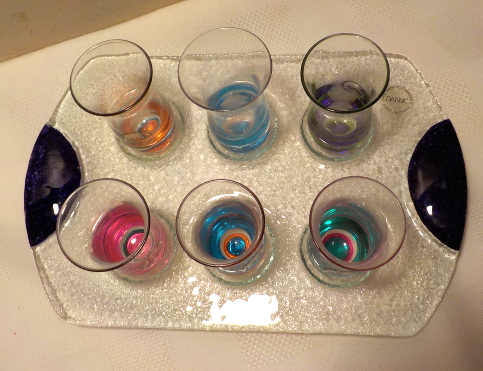 New DANSK Spectra Art Glass Set of 6 SHOT GLASSES with Original Tray ...