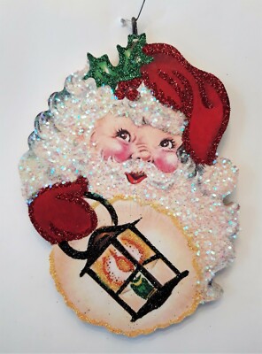 SPARKLY SANTA CLAUS w GLOWING LANTERN * Glitter CHRISTMAS ORNAMENT ...