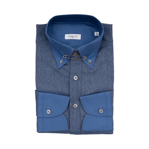 1400$ LUXURY MAROL BOLOGNA Denim Shirt Blue Bicolor 100% Cotton 15.5 ...