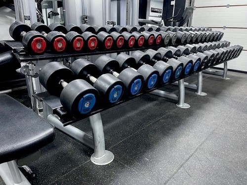 HAMMER STRENGTH DUMBBELL SET RUBBER URETHANE DUMBBELLS 2 RACKS GYM ...