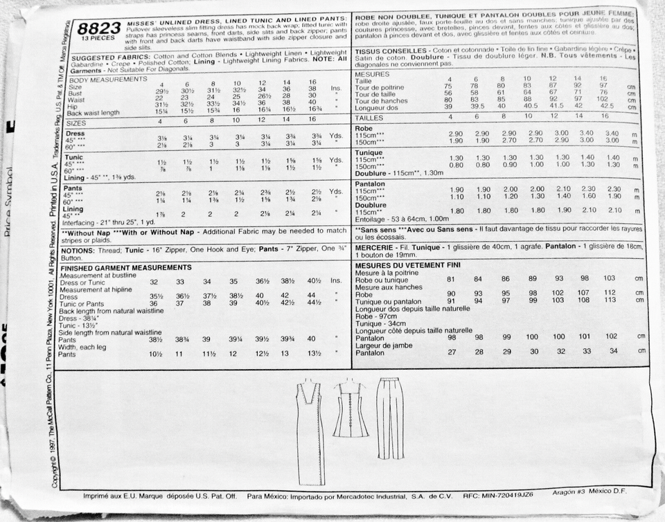 MCCALL'S PATTERN 8823 DESIGNER PULLOVER DRESS LINED TUNIC & PANTS SZ 8 ...