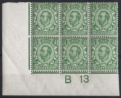 GB 1911 ½d green die 2 wmk simple cypher sg344 B13 corner block of 6 ...