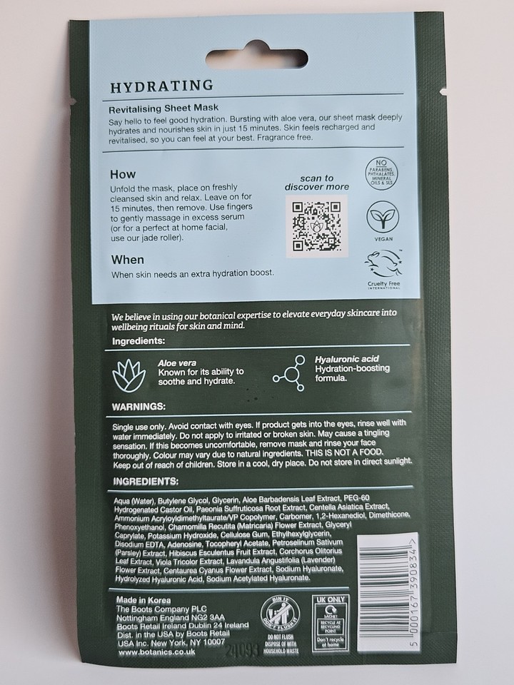BOTANICS Hydrating Revitalizing Sheet Mask Aloe Vera & Hyaluronic Acid ...