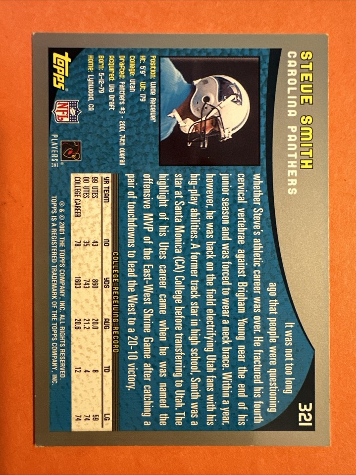 2001 Topps Collection #321 Steve Smith Rookie Card Panthers | eBay