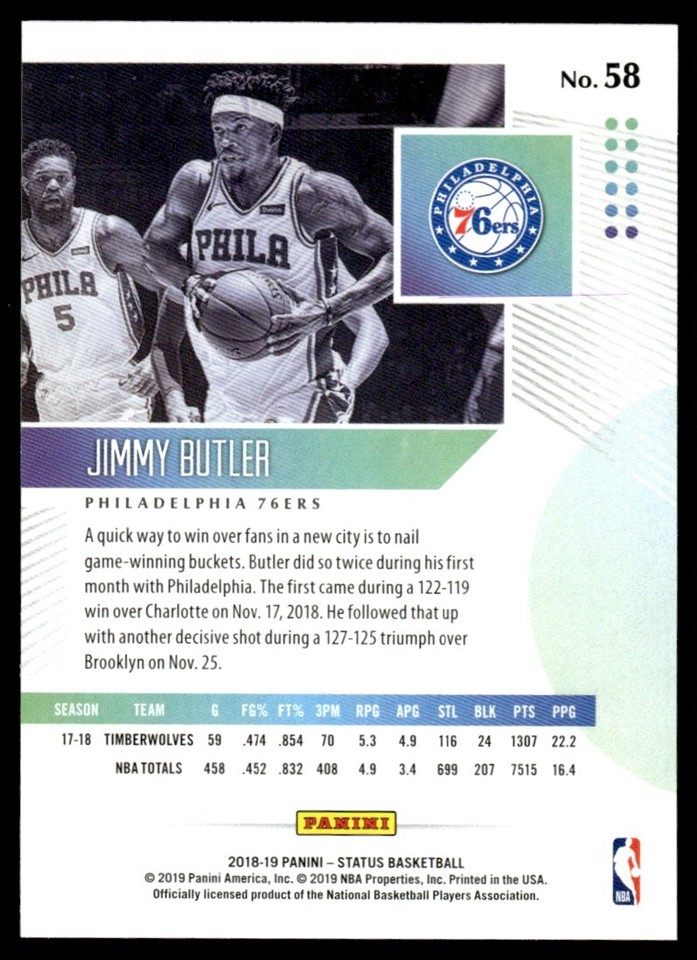 2018-19 Panini Status Blue Jimmy Butler Philadelphia 76ers #58 Parallel ...