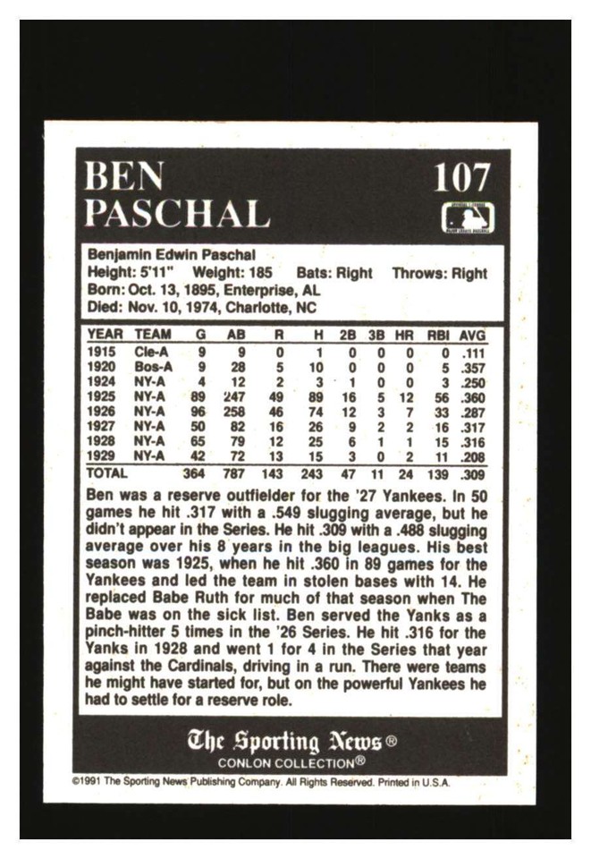 1991 Conlon Collection #107 Ben Paschal New York Yankees NM-MT | eBay