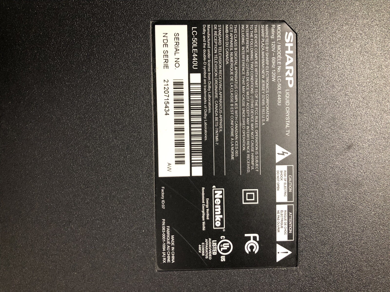 sharp liquid crystal Circuit Parts Used Working M#LC50LE440V S ...