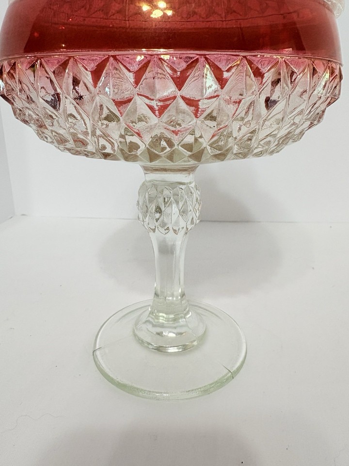 Vintage Indiana Glass Ruby Flash Diamond Point Pedestal Compote Candy ...