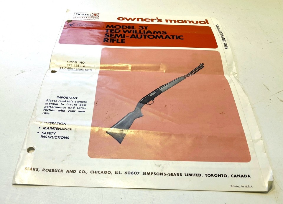 $K Sears Model 3T Ted Williams semi-automatic rifle Owner Manual 273. ...