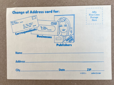USPS Form 3576 Change of Address Postcard 1978 Cyan Blue Unused | eBay
