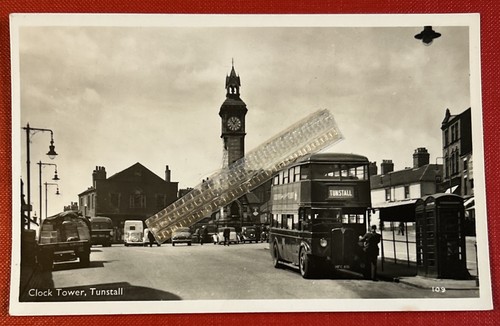 TUNSTALL, CLOCK TOWER, MOTOR BUS, CARS, NICE TRANSPORT SCENE NR STOKE ...