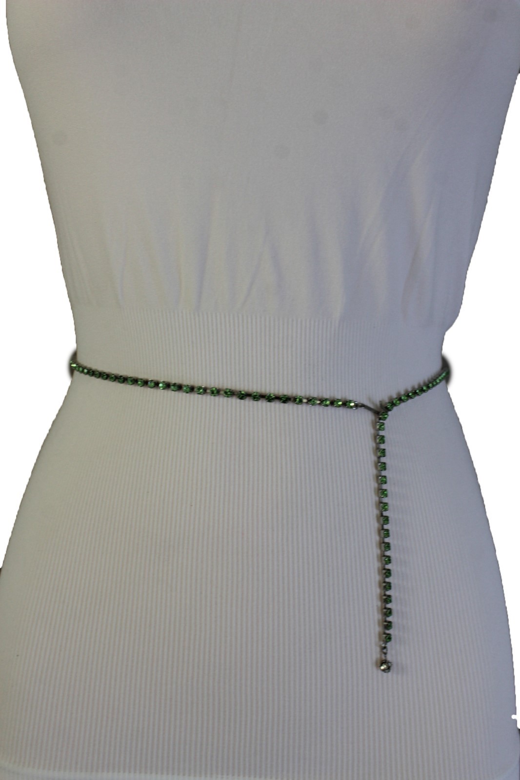 Women Trendy Hip Waist Thin Silver Metal Fashion Belt Green Bling Beads ...