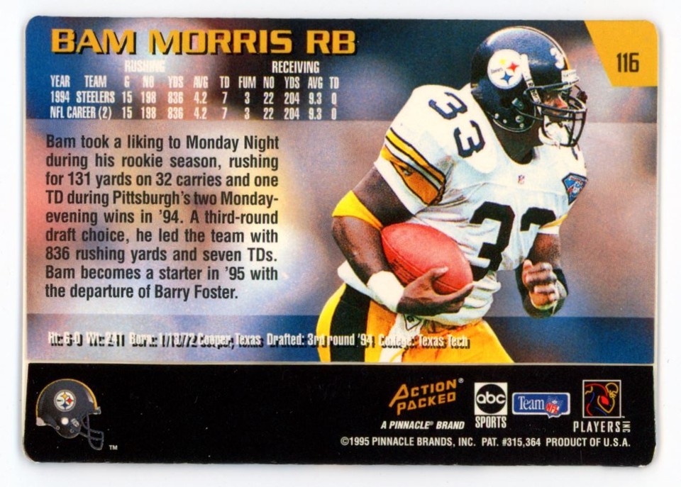 1995 Action Packed Monday Night Football Bam Morris Pittsburgh Steelers ...