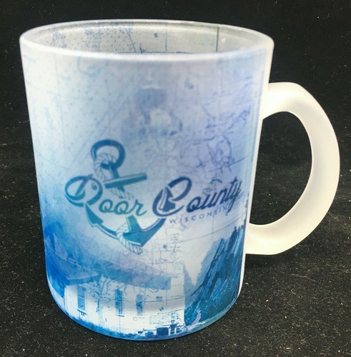 Coffee Mug Cup Door County Wisconsin Anchor Frosted Glass Blue 3 3/4 ...