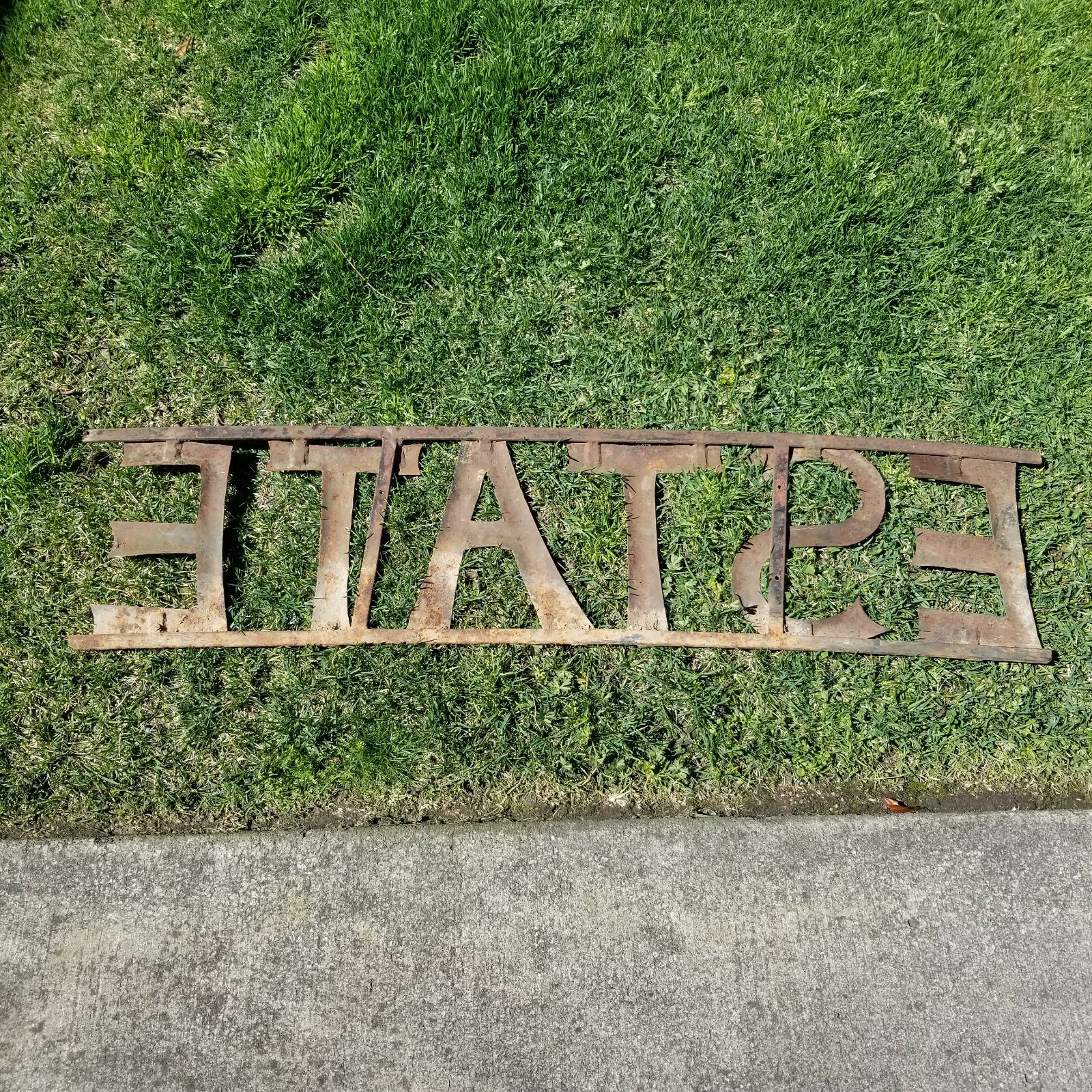 Large Vintage Steel Enamel Porcelain ? "ESTATE" Word Sign Chippy White ...