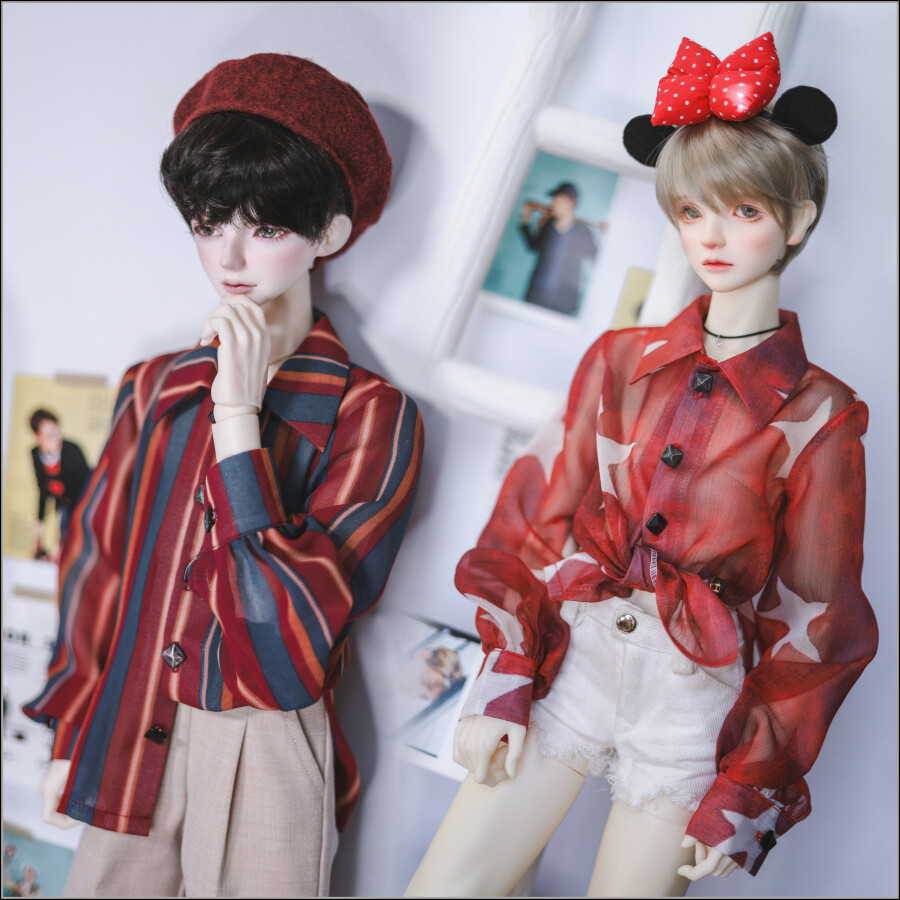 BJD Clothes Red Shirt Side-Slit Chiffon Lantern-Sleeve Top Striped/Star ...