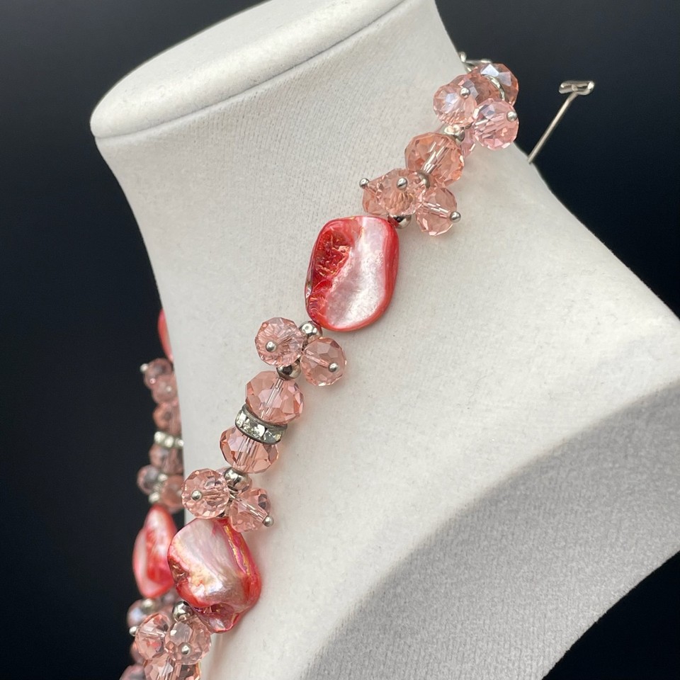 Vintage Pink Mother of Pearl Shell Crystal Beaded Charm Necklace Choker ...