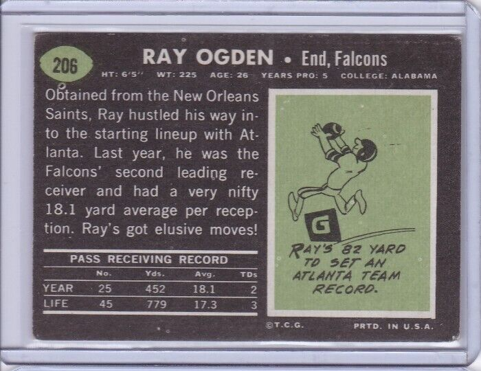 1969 Topps Football #206 RAY OGDEN FALCONS | eBay