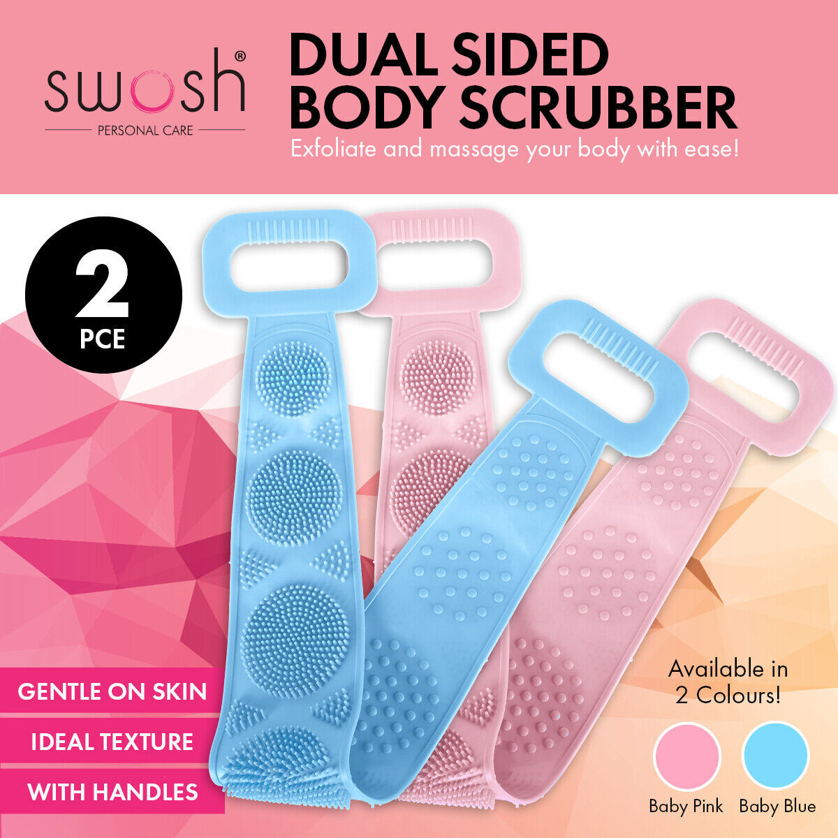 Swosh® 1/2PCE Dual Sided Silicone Body Scrubber Loofah With Handles ...