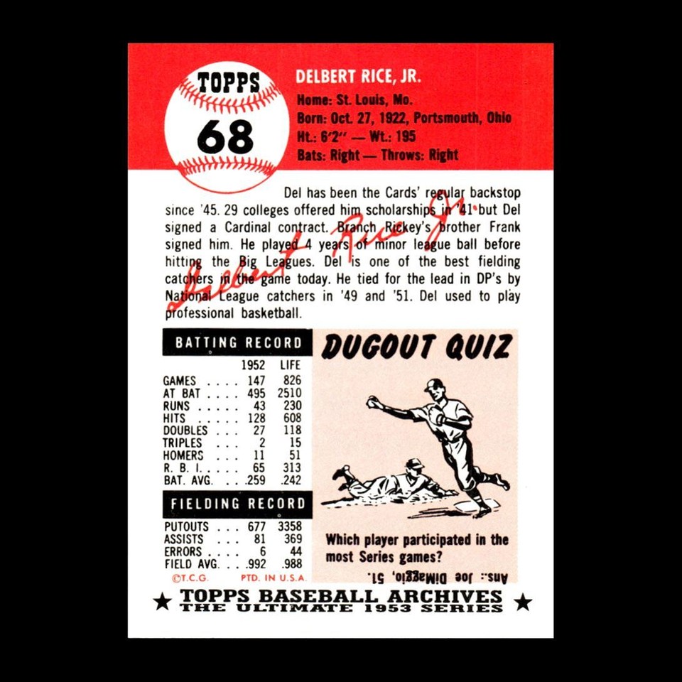 Del Rice 1991 Topps Archives 1953 St. Louis Cardinals #68 NM-MT GM | eBay