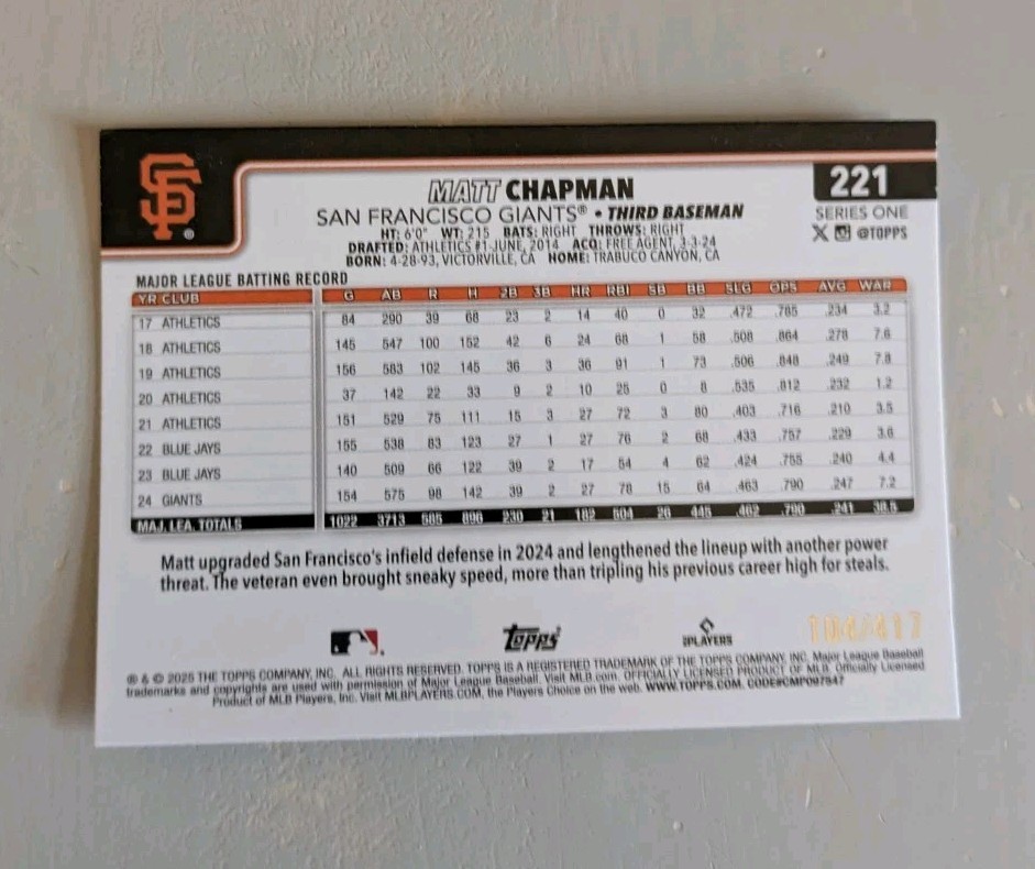 2025 Topps Factory Set Foilboard - Matt Chapman #221 /417 San Francisco ...