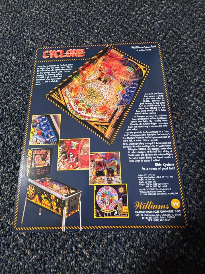 2 1988 FACTORY ORIGINAL WILLIAMS CYCLONE PROMO PINBALL FLYERS NOS | eBay
