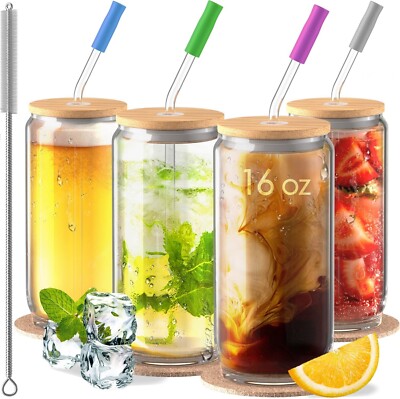 Glass Cups with Bamboo Lids and Straws - Cute Drinking Glasses ...