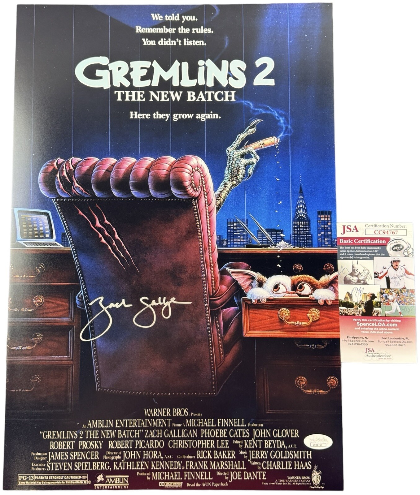 ZACH GALLIGAN signed 12x18 Poster GREMLINS 2 Billy Peltzer Horror Movie ...