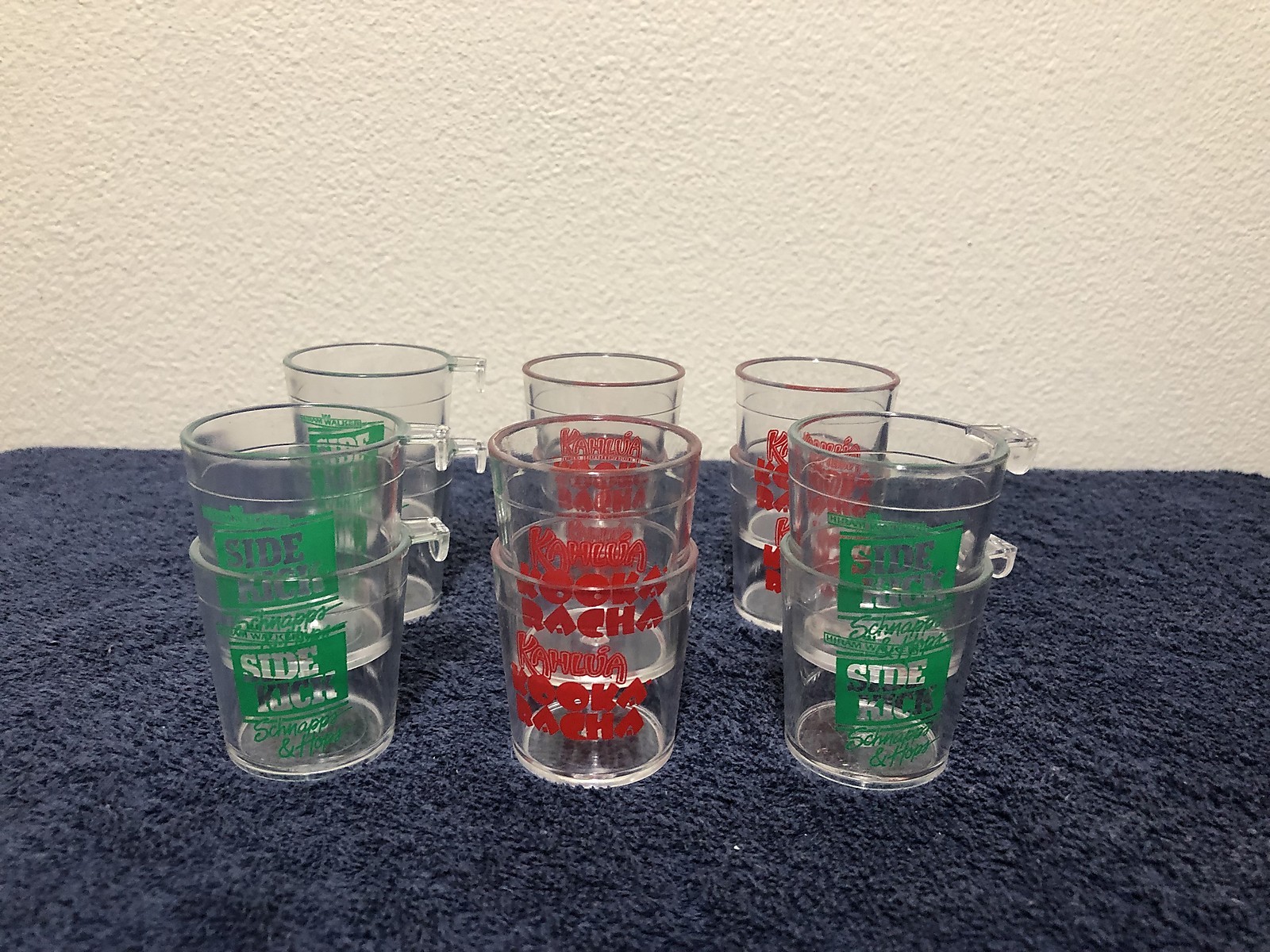 LOT OF 12 NEW PLASTIC GLASSES 6 KAHLUA KOOKA RACHA & 6 HIRAM WALKER ...