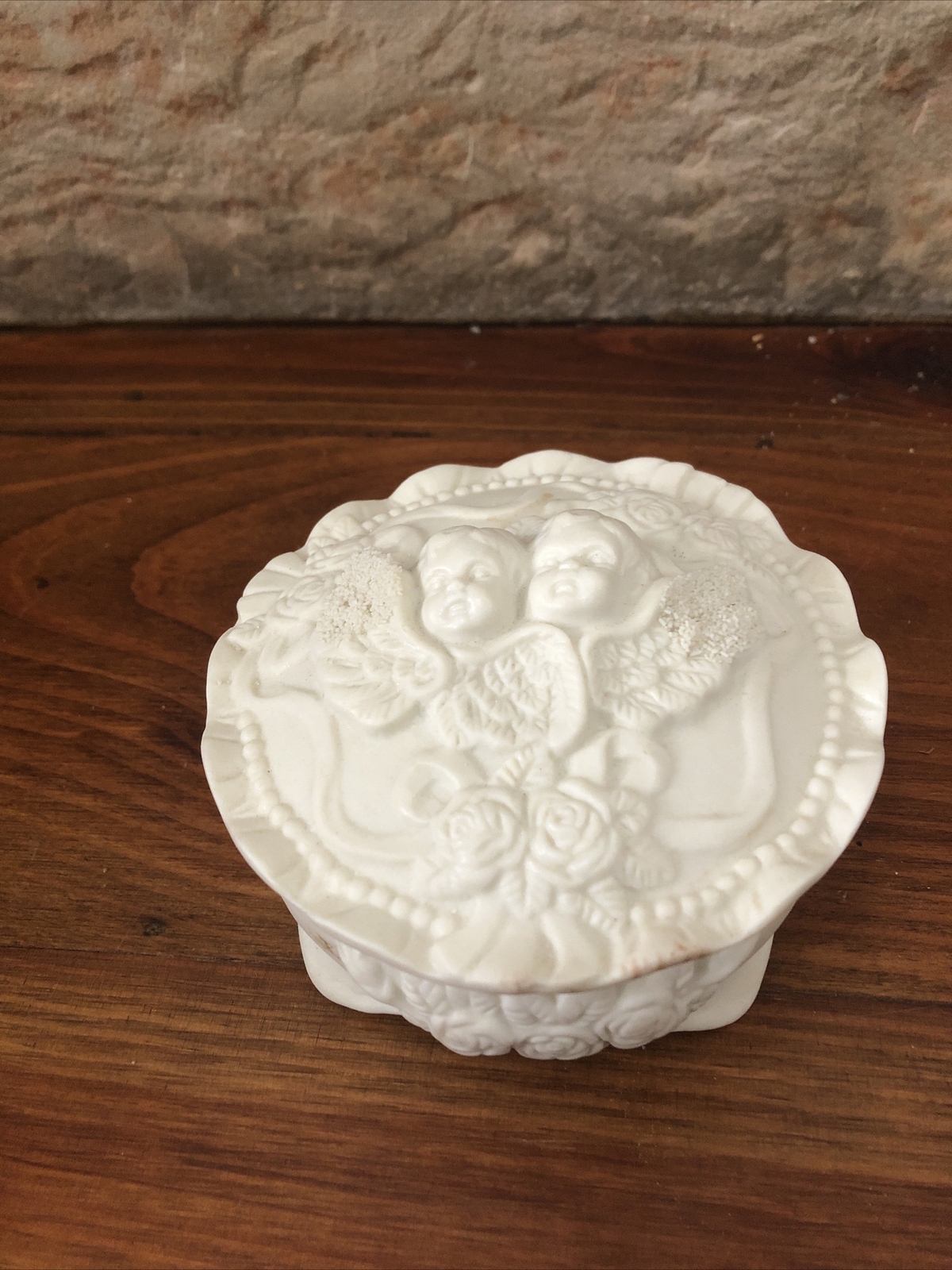 Vintage Porcelain Round Shaped Trinket Box Cherubs Flowers Jewelry ...