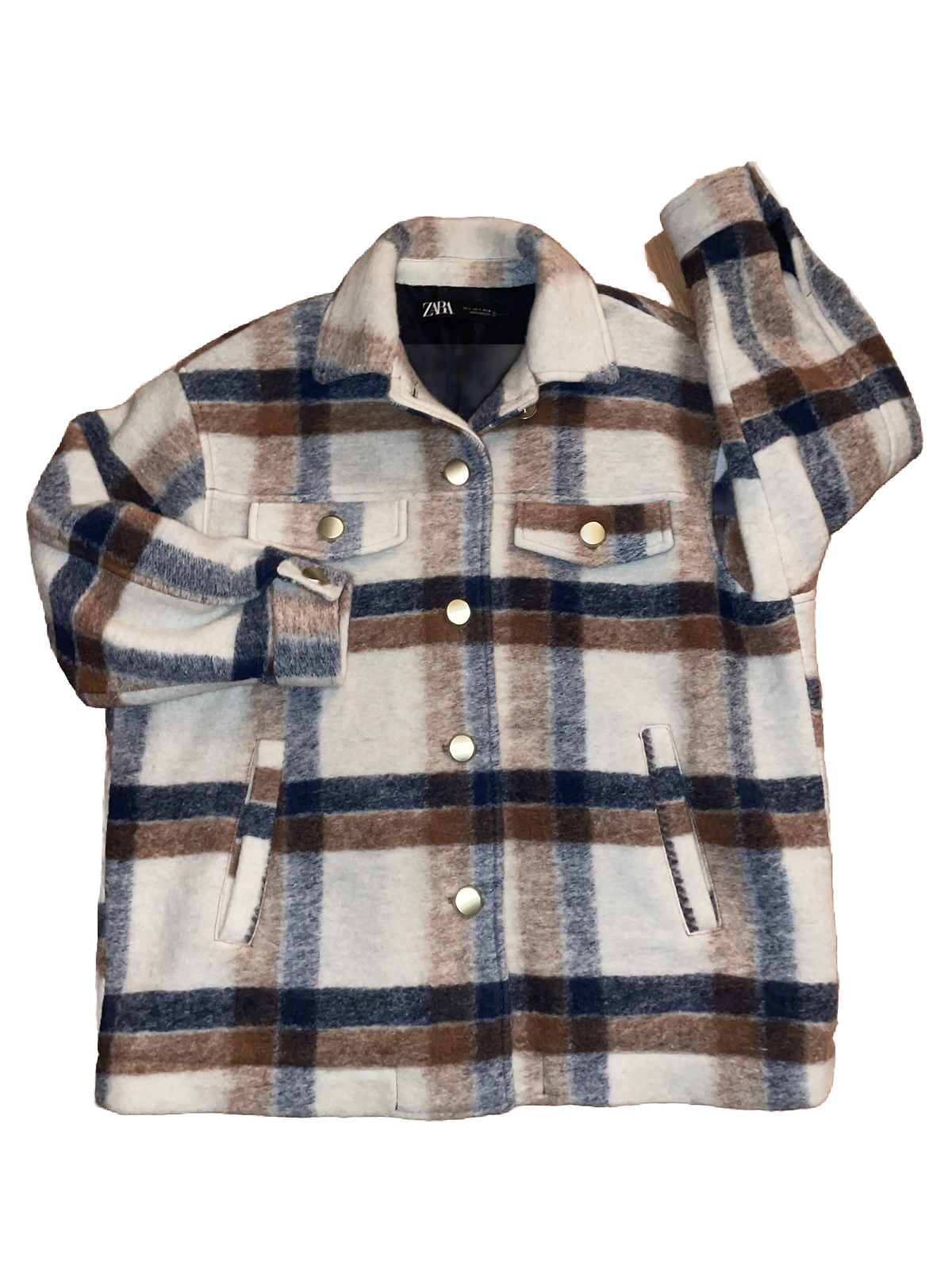 Zara Oversized Wool Blend Plaid Shirt Jacket Cream Brown Blue Size ...