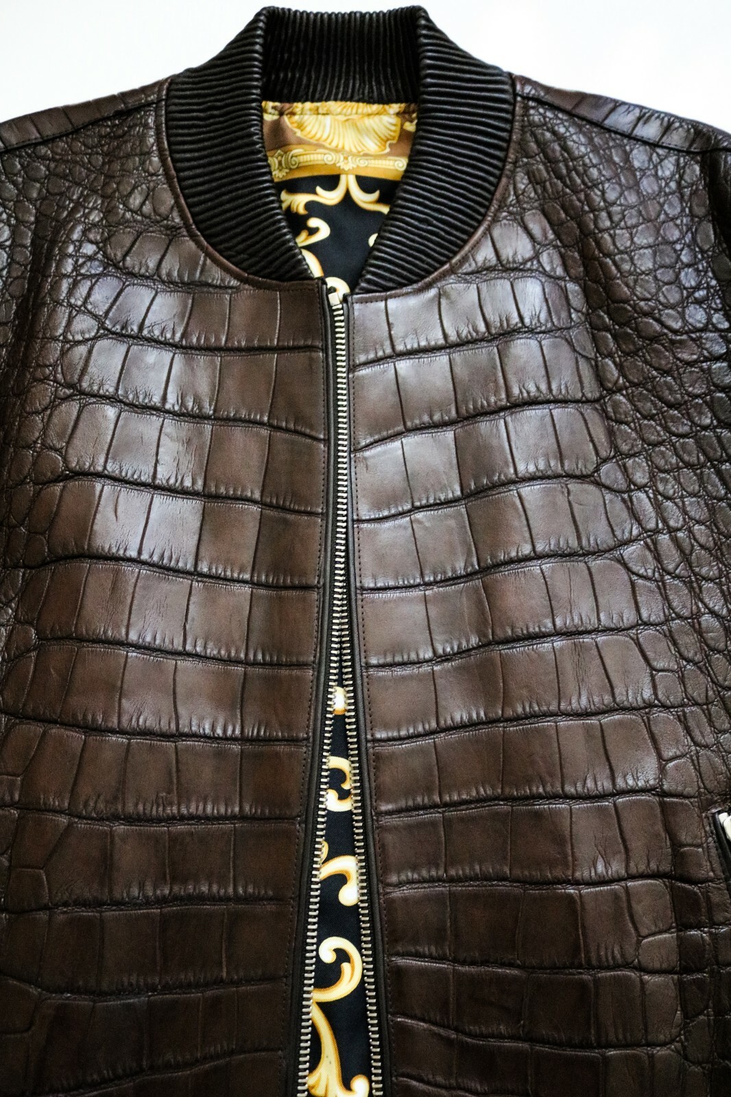 $36795 FREDO FERRUCCI Brown Crocodile Alligator Leather Bomber Jacket ...