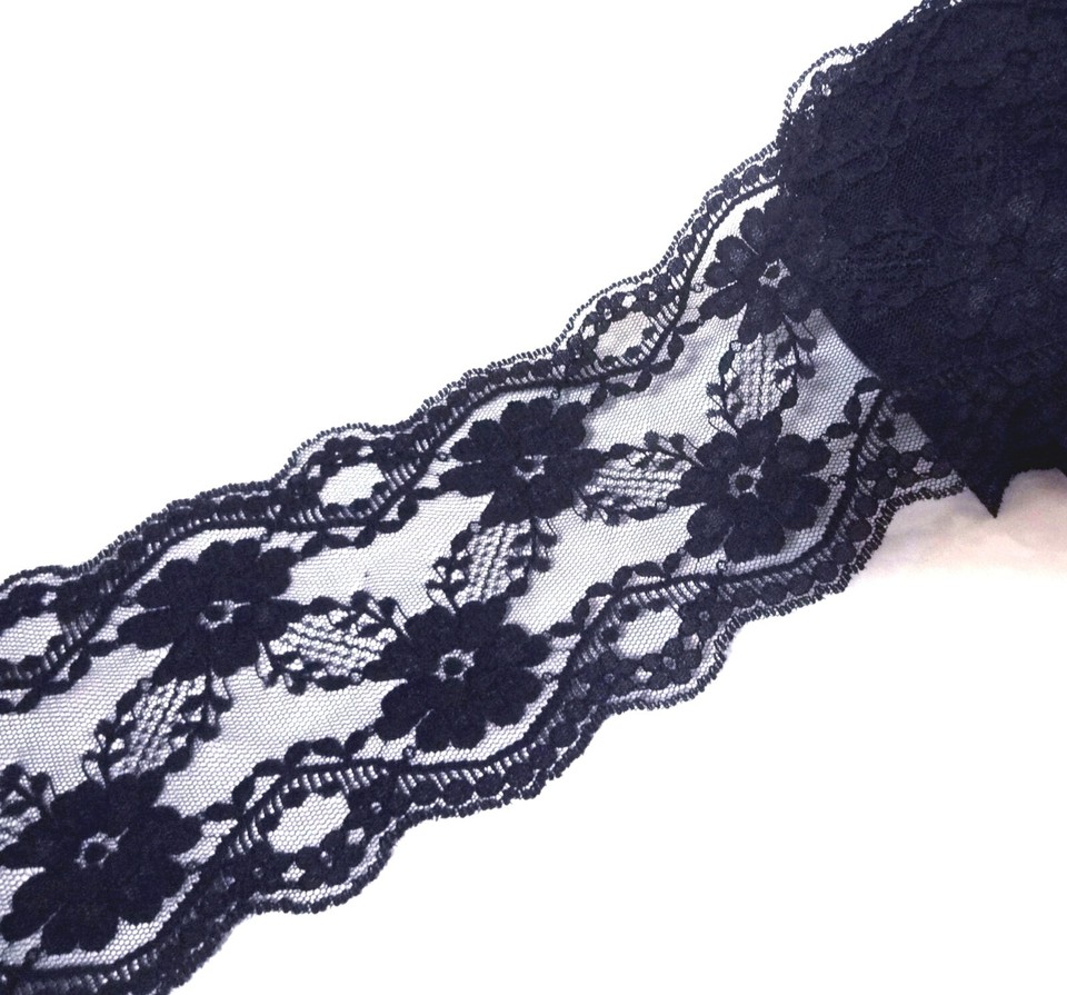 4"/10cm wide 2y+3y+5y =10yd Non-stretch Flower Scallop Black Polyester ...