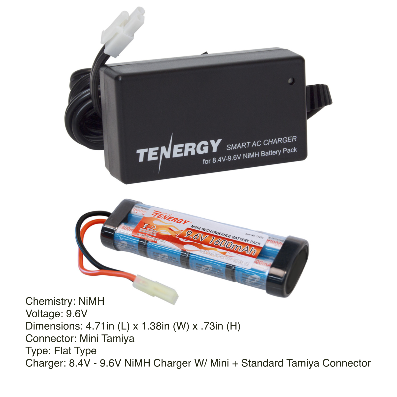 Tenergy 9.6V NiMH Airsoft 1600mAh & 2000mAh Battery Pack with Charger ...