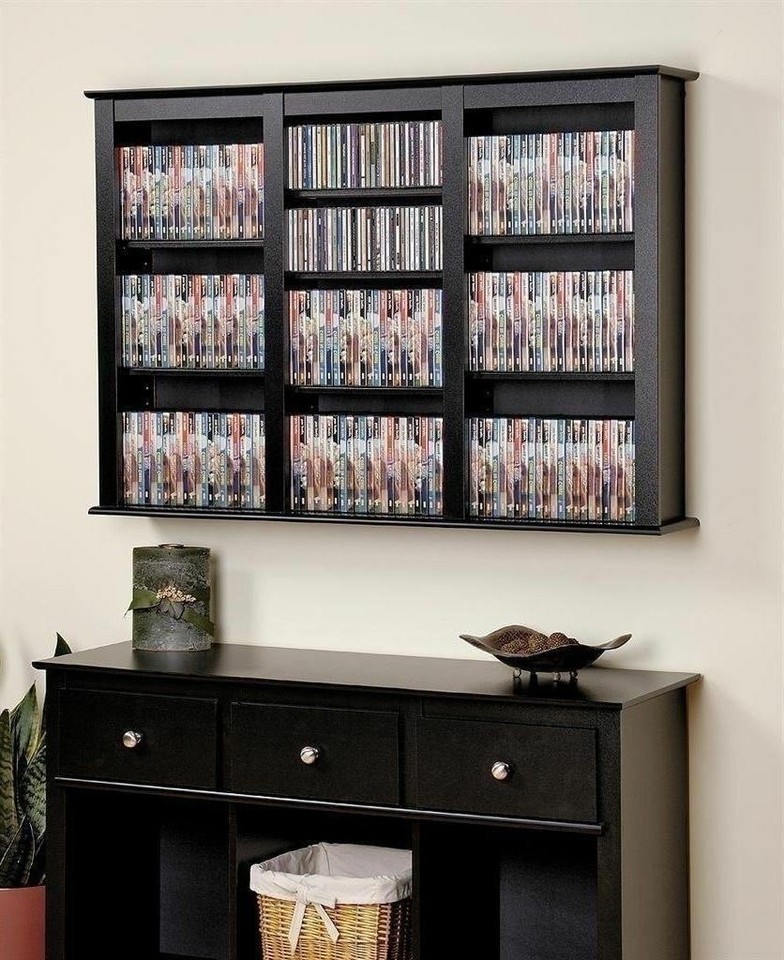 Black Finish Wood Media Storage Cabinet CD DVD Movie Organizer Wall ...