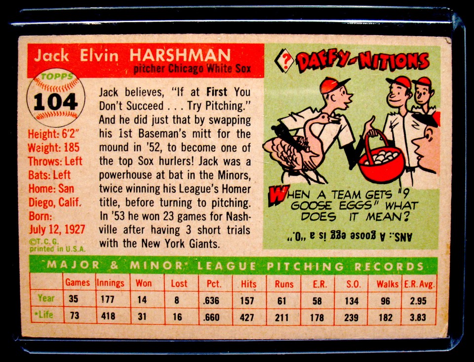 1955 Topps JACK HARSHMAN #104 Baseball Card-VG/EX Condition-CHICAGO ...