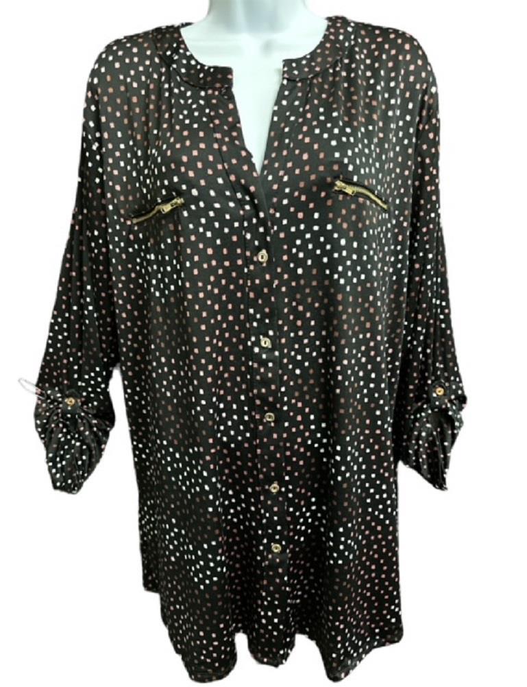 Always Indigo 3X Top Black Pink White Dots Button Up Zipper Accent ...