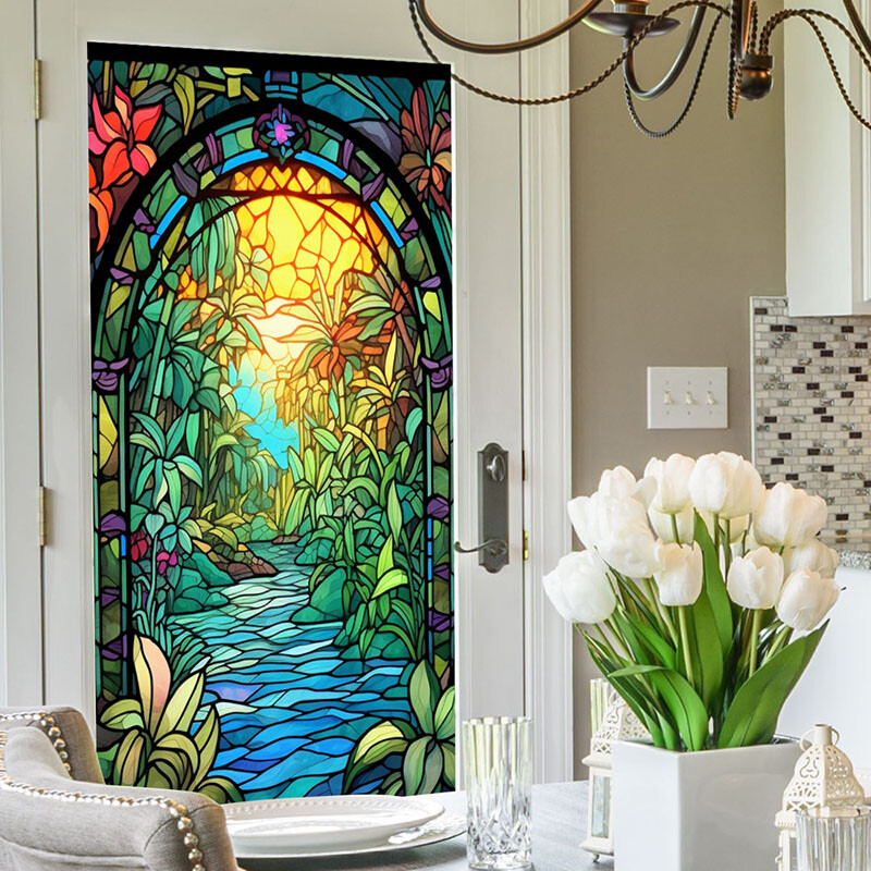 Stained Colorful Tropical Plant Flower Sunrise PVC Window Glass Sticker ...