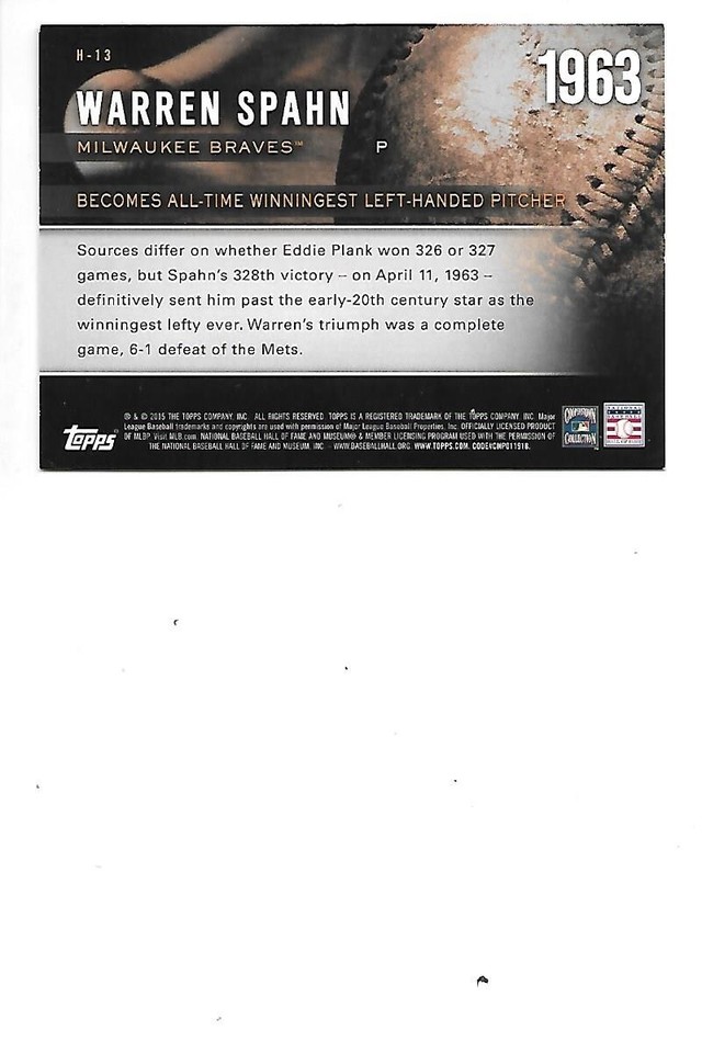 Warren Spahn 2015 Topps Highlight of 1963 #H13 Baseball Card | eBay