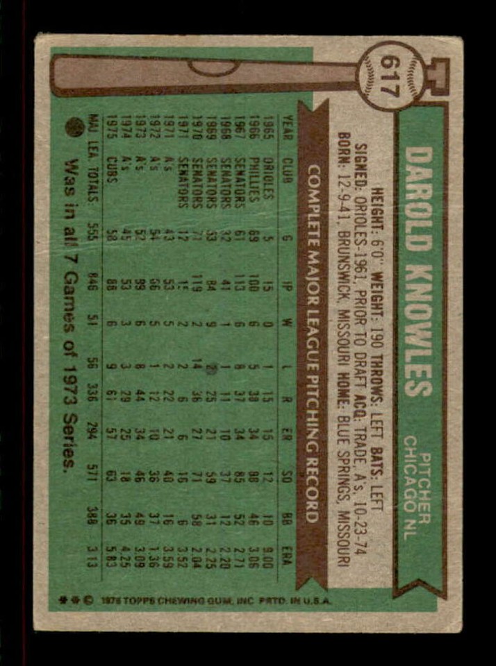 1976 Topps #617 Darold Knowles AUTOGRAPHED!! Cubs 235015 | eBay