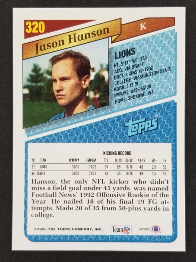 Jason Hanson 1993 Topps Gold Football Card #320 (NM) | eBay