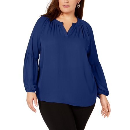 Ny Collection Blouse Navy Plus Split Neck Bishop Sleeve,Size 2X | eBay