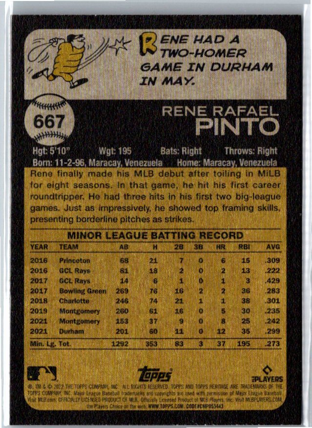 2022 Topps Heritage #667 Rene Pinto RC Tampa Bay Rays Baseball | eBay