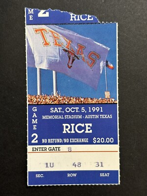 FOOTBALL TICKET: Oct 5, 1991 - TEXAS LONGHORNS vs RICE OWLS - Austin | eBay