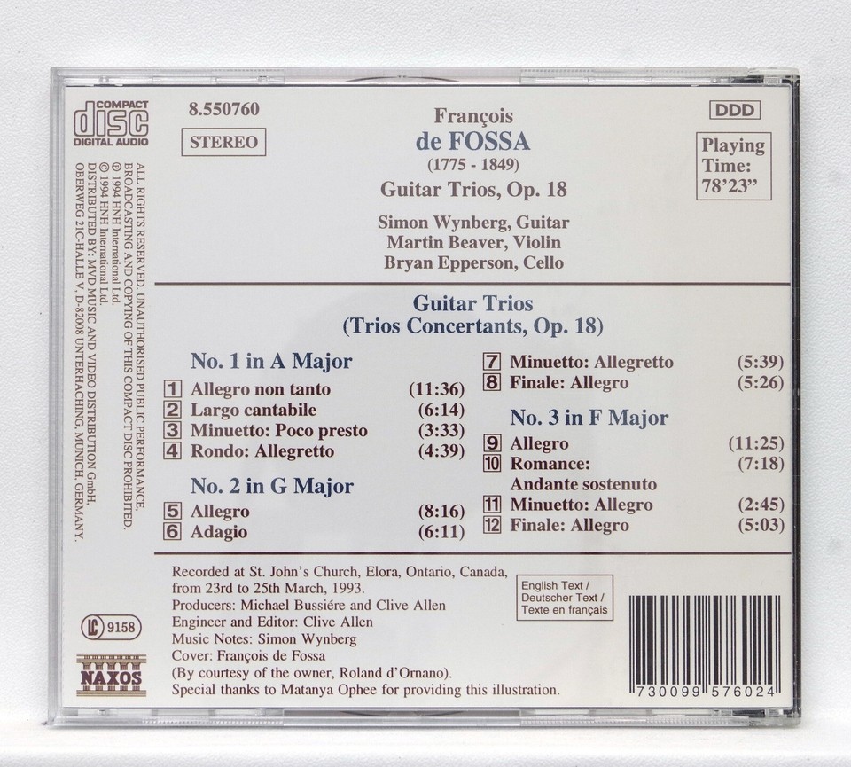 SIMON WYNBERG, MARTIN BEAVER ⸺ DE FOSSA guitar trios op.18 ⸺ NAXOS CD ...